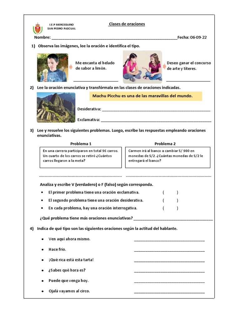 Clases de Oraciones - Cuaderno | PDF