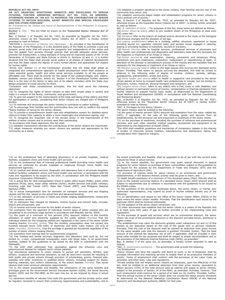 Republic Act No. 9994 | PDF | Employment | Welfare