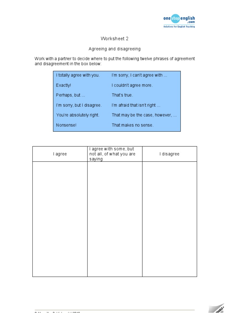 Agreement & Disagreement Phrases Worksheet | PDF