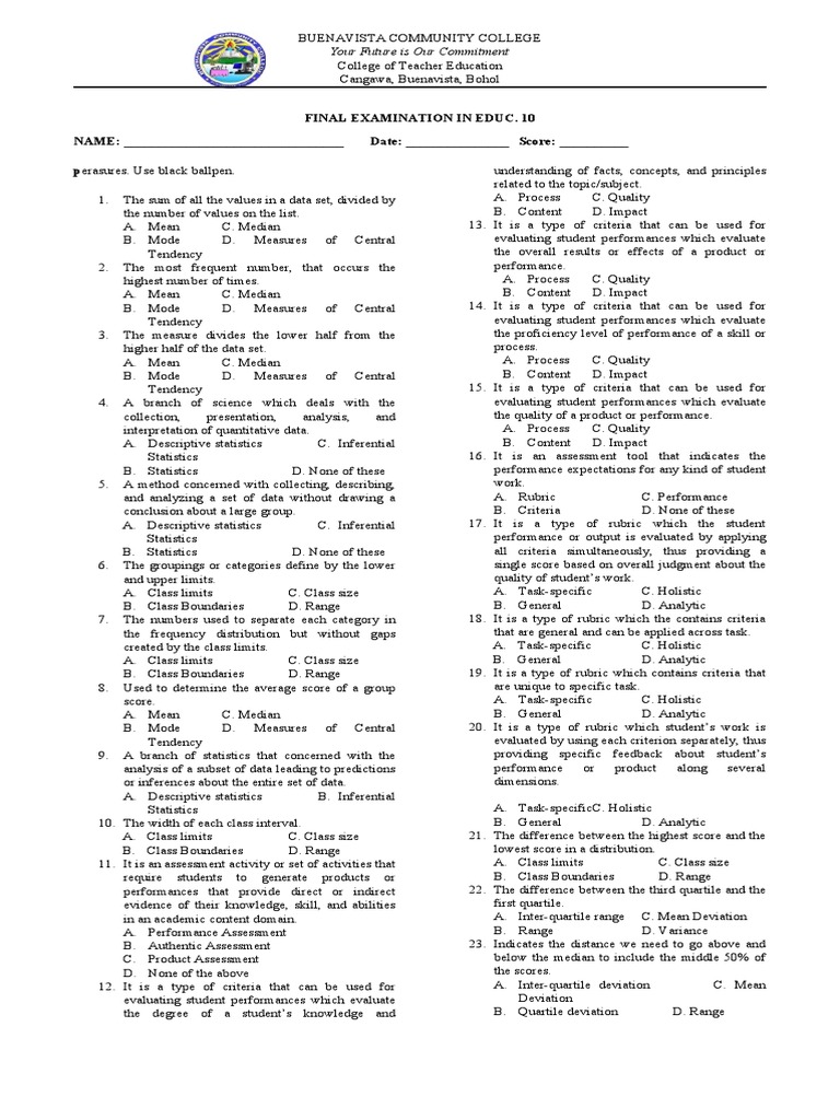 Final Exam in Educ 10 | PDF | Statistics | Mean