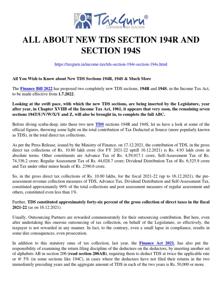 All About New TDS Section 194R and Section 194S - Taxguru - in | PDF ...