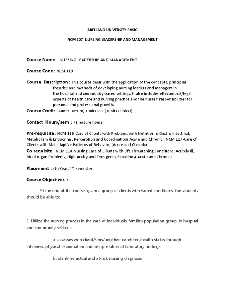 NCM119 - Lecture Course Outline | PDF | Nursing | Leadership