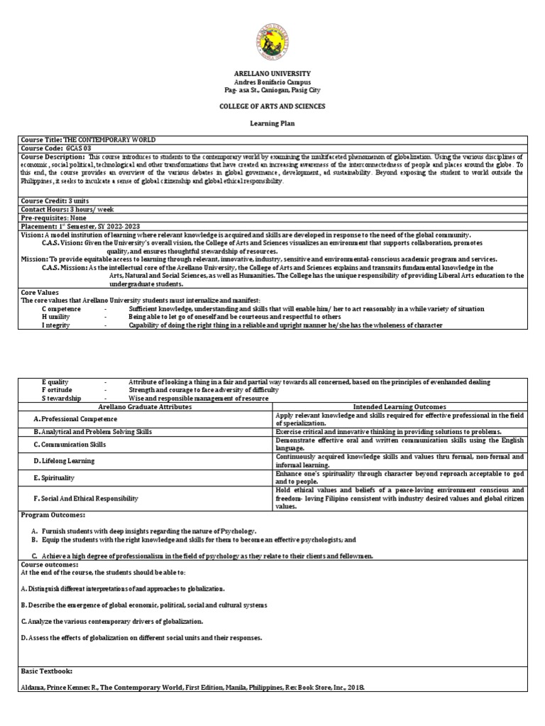 GCAS 03 Syllabus, Contem | PDF | Globalization | Economies