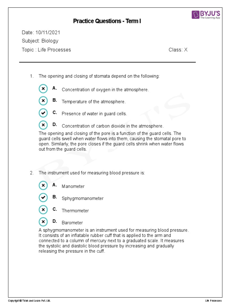 CBSE Class 10 Life Processes MCQ Practice Solutions | PDF | Cellular ...