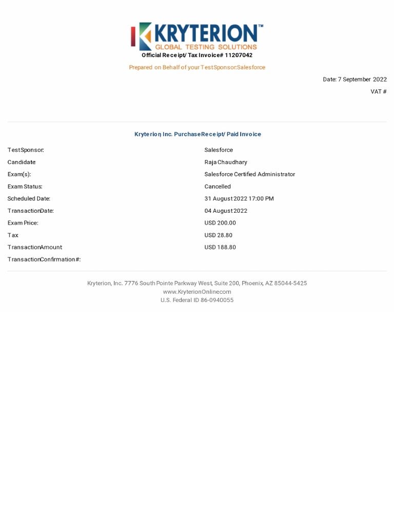 Kryterion Purchase Receipt - 7 September 2022 | PDF