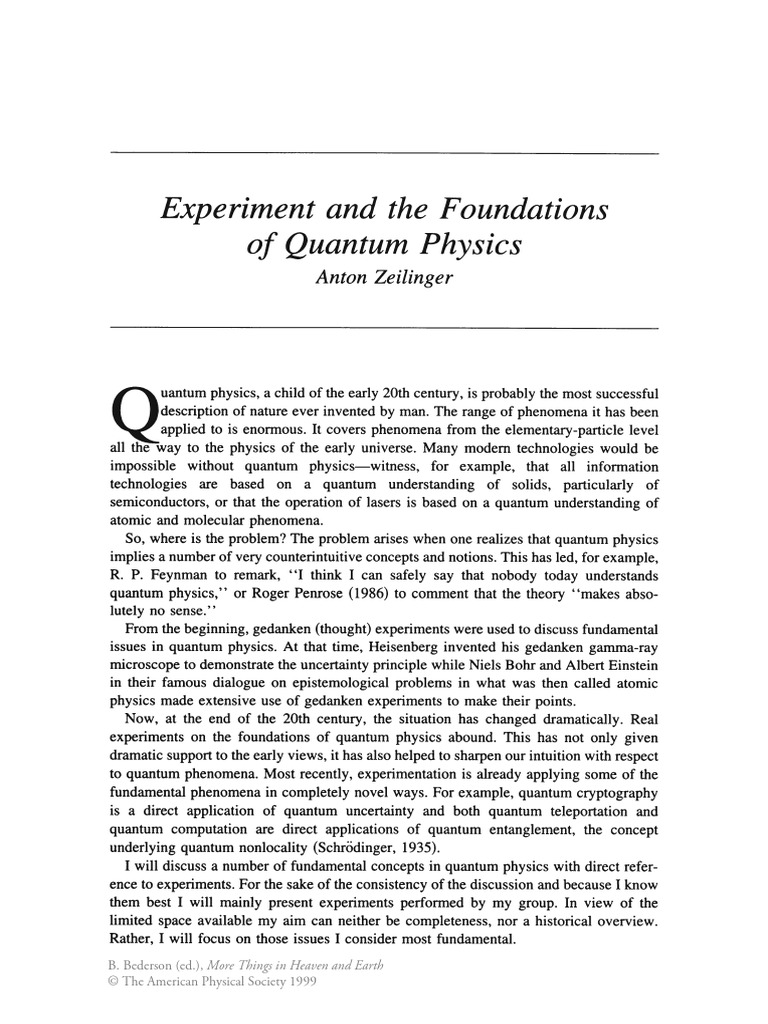 Experiment and The Foundations of Quantum Physics: Anton Zeilinger ...