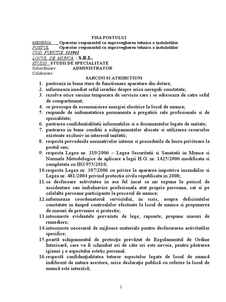 FISA POST Operator Responsabil Cu Supravegherea Tehnica A Instalatiilor | PDF