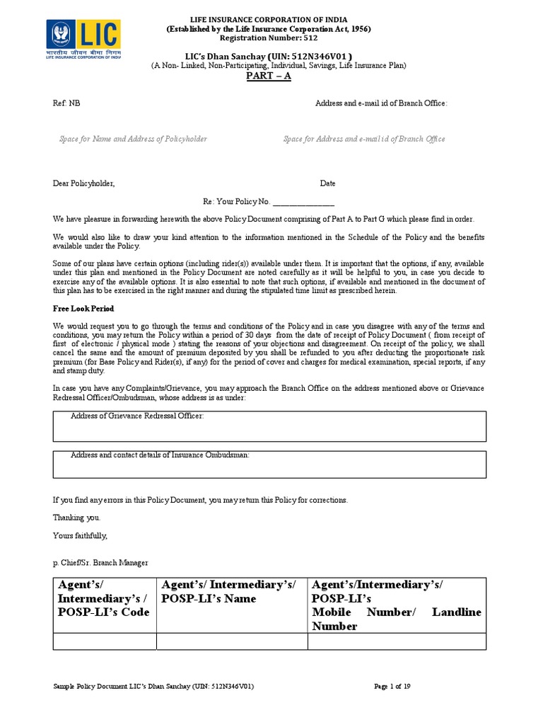 Sample Policy Document LIC S Dhan Sanchay | PDF | Insurance | Life ...