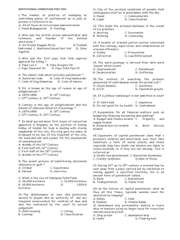 Institutional Correction Post Test | PDF | Prison | Rehabilitation ...