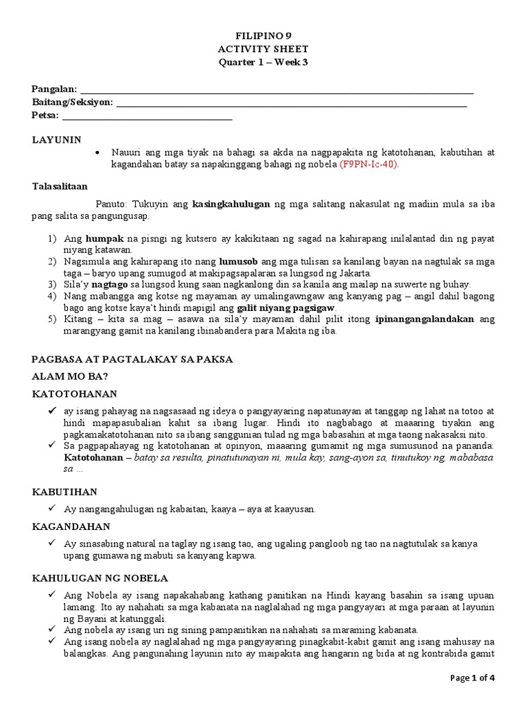 Activity Sheet Unang Markahang Linggo 3 | PDF