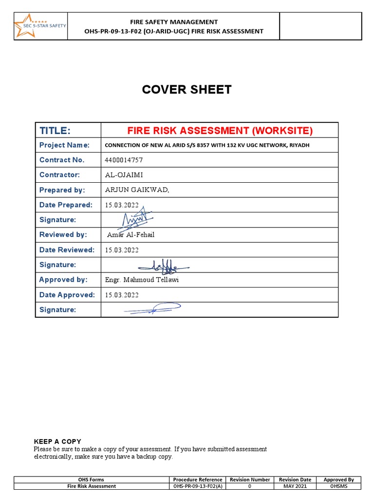 OHS-PR-09-13-F02 (A) FIRE RISK ASSESSMENT Site | PDF | Occupational ...