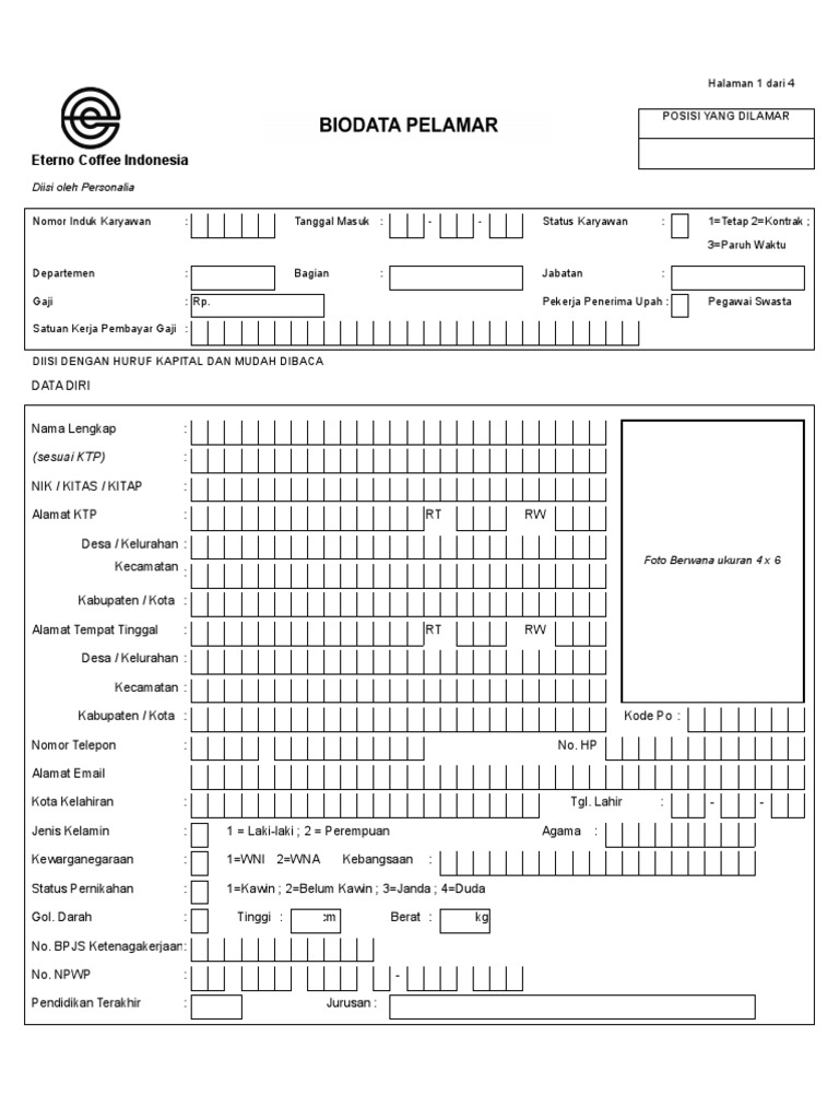 Biodata Pelamar Cabang - XLSX - Biodata | PDF