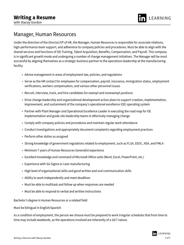 Manager Human Resources Job Description | PDF | Human Resource ...