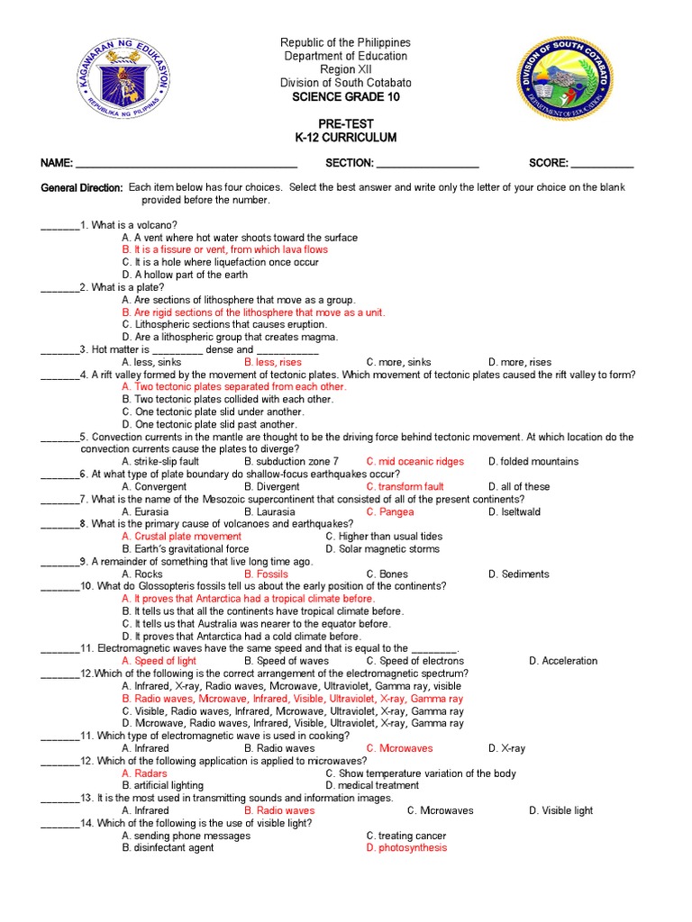 Science 10 Pretest | PDF | Plate Tectonics | Electric Generator