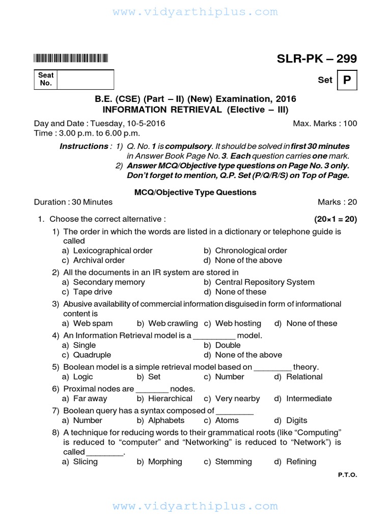 IR exam questions on Boolean retrieval, precision, recall, stemmers | PDF | Information ...
