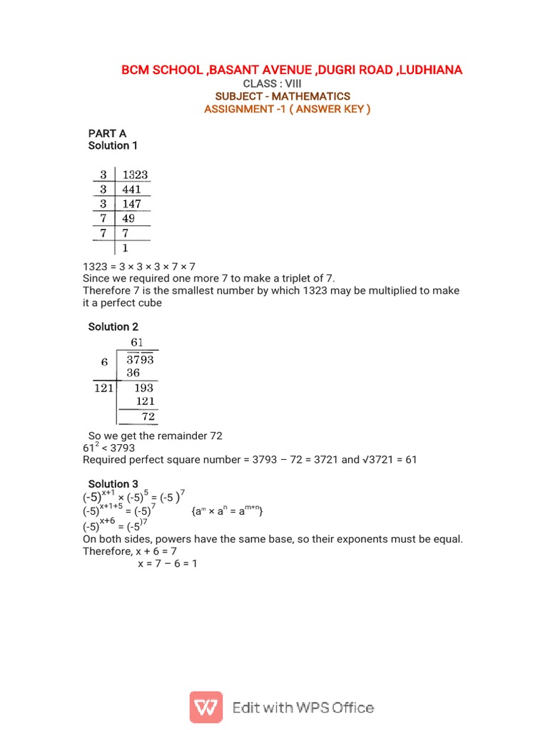 Answer Key Maths Assignment | PDF