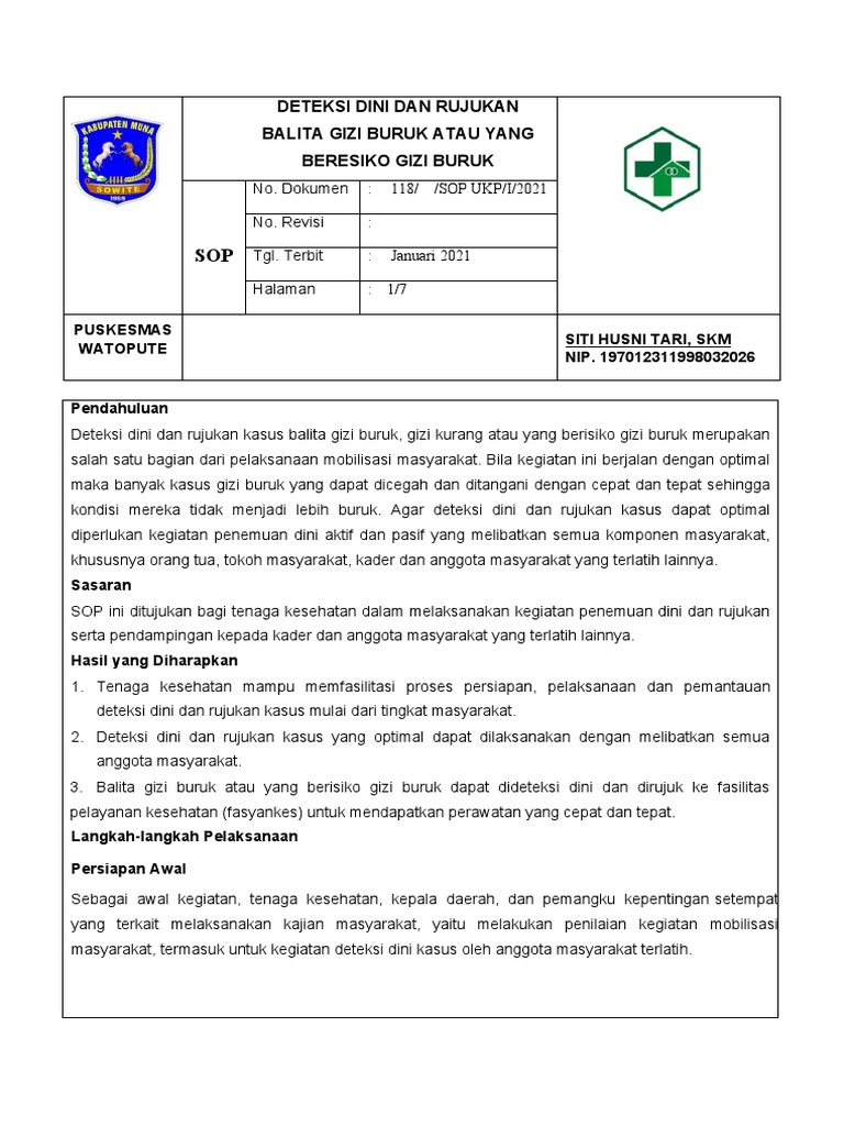 Sop Deteksi Dini Dan Rujukan Balita Gizi Buruk Atau Yang Berisiko Gizi Buruk | PDF