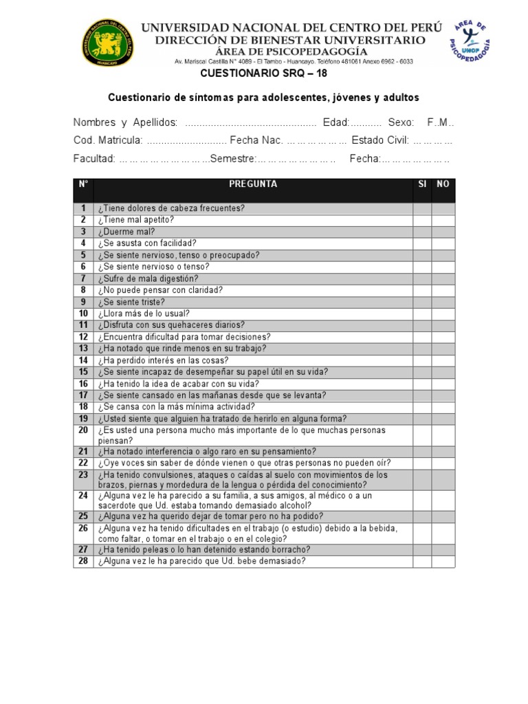 Cuestionario SRQ Adolescentes Adultos | PDF