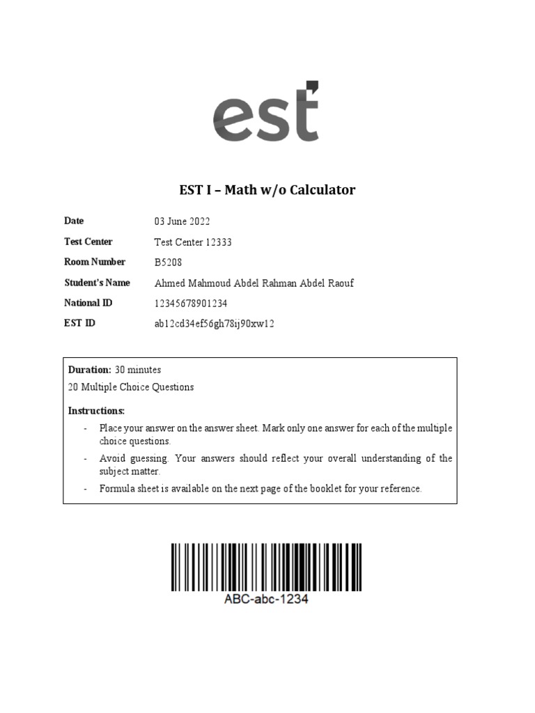 EST I - Math No Calc - June 2022 | PDF | Triangle | Elementary Mathematics