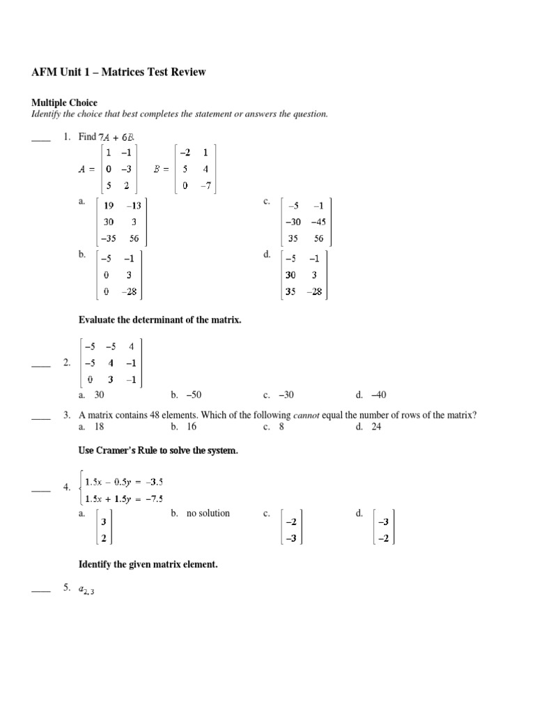 Unit 1 Matrices Test Review | PDF | Matrix (Mathematics) | Determinant