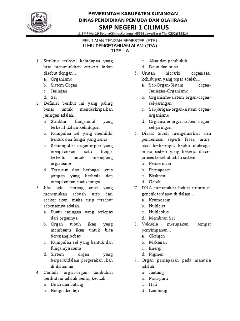 PTS Ipa Semester 2 Tipe A | PDF | Sains & Matematika