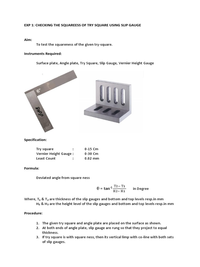 Exp 1 Checking The Squareess of Try Square Using Slip Gauge | PDF