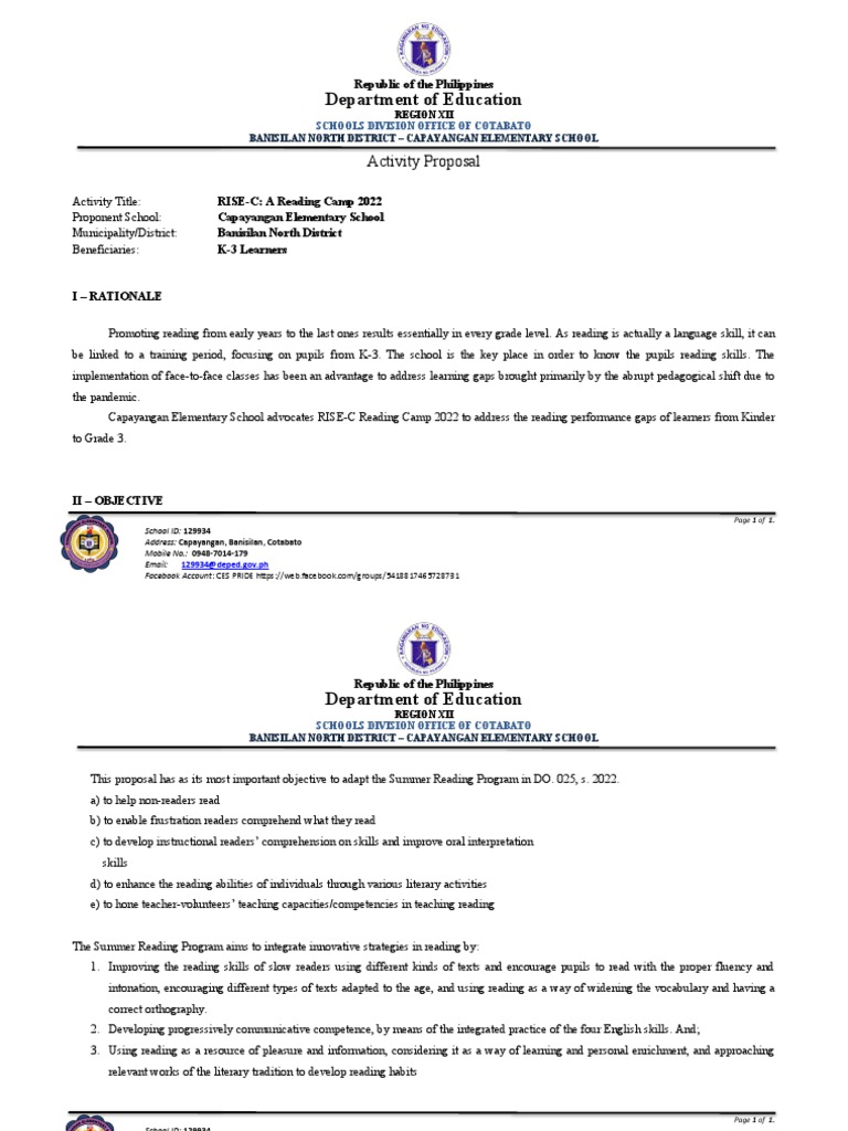 RISE-C Reading Camp Proposal 2022 | PDF | Learning | Reading Comprehension