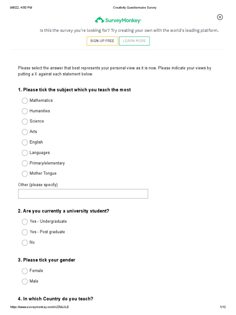 Creativity Questionnaire Survey | PDF | Creativity | Test (Assessment)