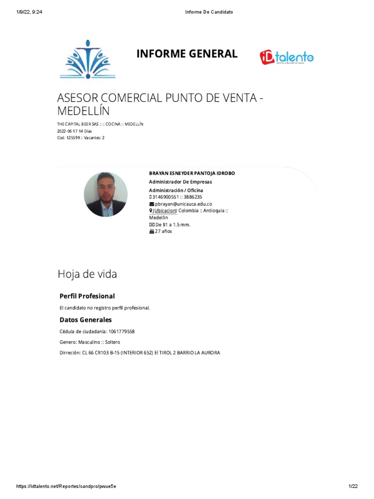 Informe de Candidato BRAYAN PANTOJA | PDF | Microsoft Excel | Hoja de cálculo