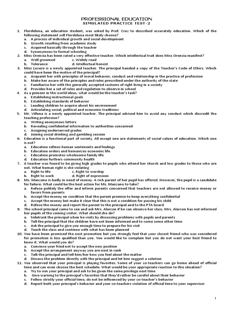 Simulated Practice Test 2 Professional Education Pdf Learning Teachers