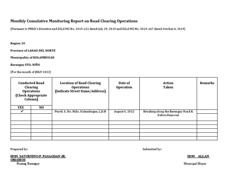 Monthly Cumulative Monitoring Report On Road Clearing Operations ...