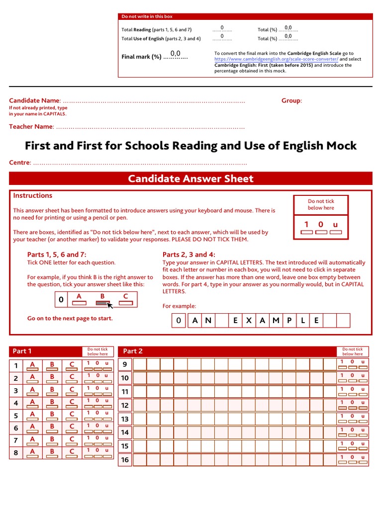 B2 Reading and UoE Answer Sheet (Fillable) | PDF | Computing