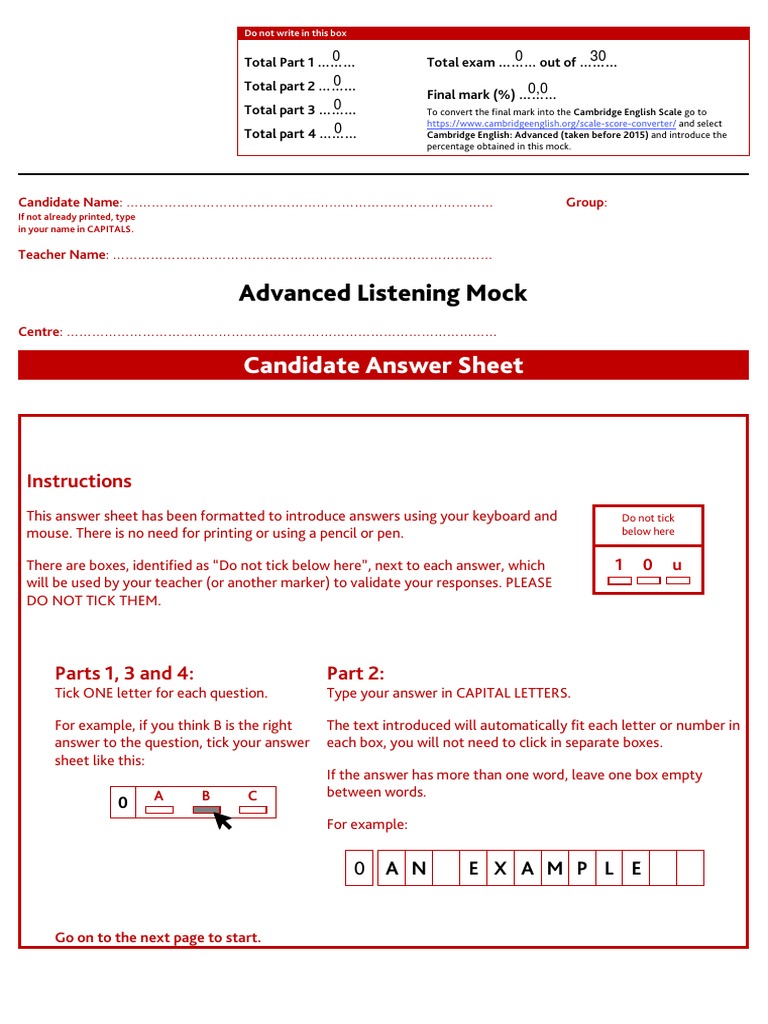 C1 Listening Answer Sheet (Fillable) | PDF