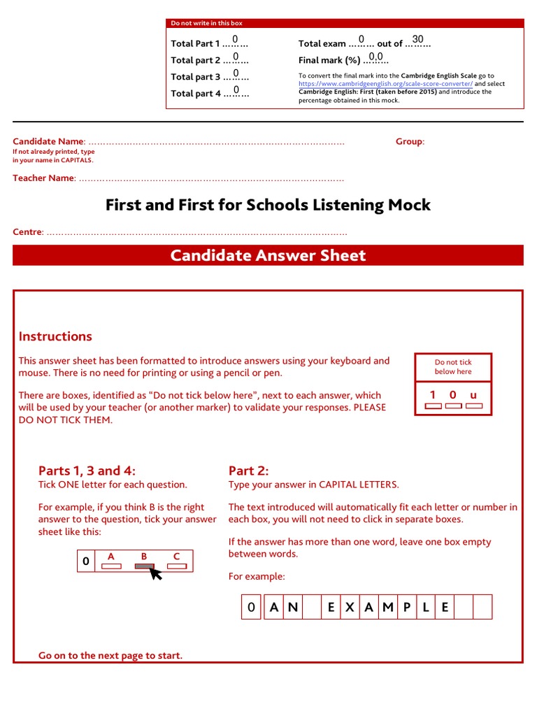 B2 Listening Test Answer Sheet | PDF