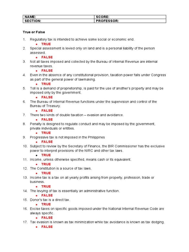 Quiz 1 Principles of Taxation | PDF | Taxes | Taxation In The United States
