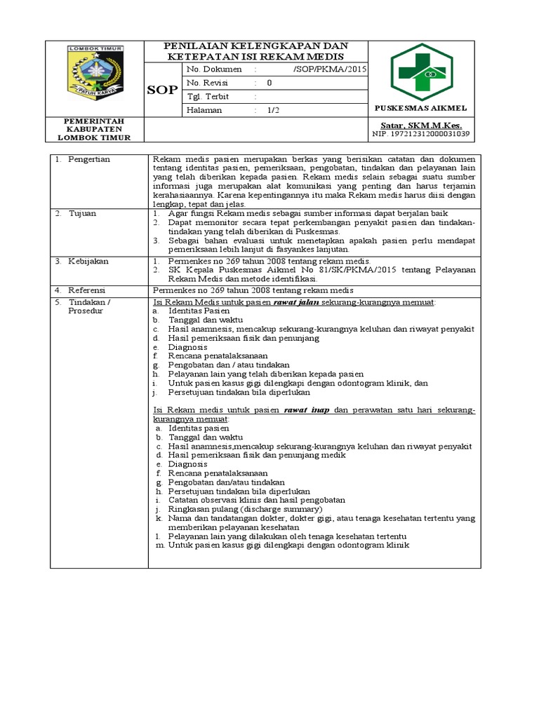 SOP Penil Kelengkpn Isi RM | PDF | Hukum | Pengembangan Diri