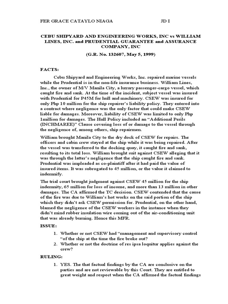 Cebu Shipyard Vs William Lines | PDF | Negligence | Insurance