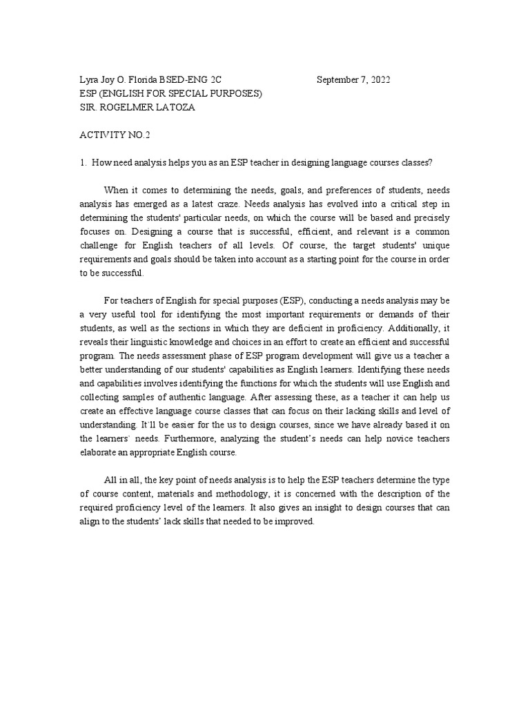 Florida - Bsed Eng 2C - Esp Activity No2 | PDF | Teachers | Teaching Method