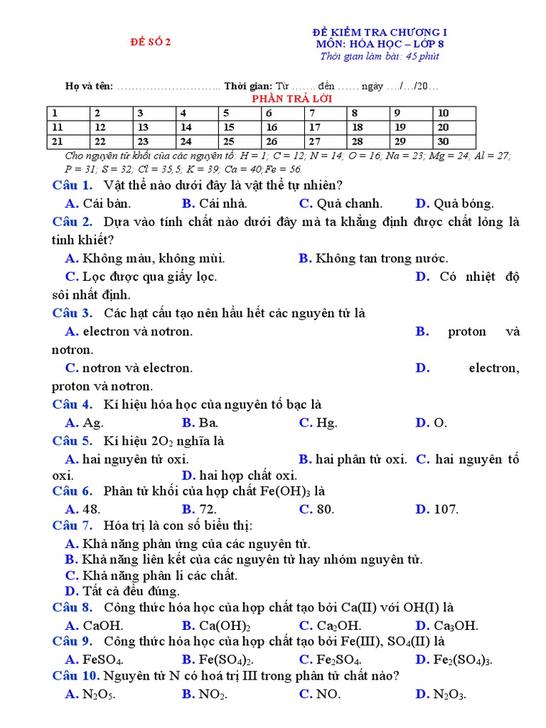 Hoa 8 - Kiem Tra Giua HKI - Chuong 1 - de So 3 (TN) - TTB | PDF