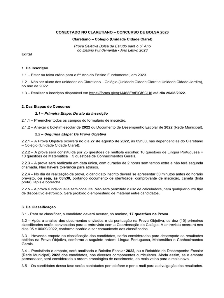 Prova Seletiva Bolsa de Estudo para o 6 Ano Do Ensino Fundamental Ano ...