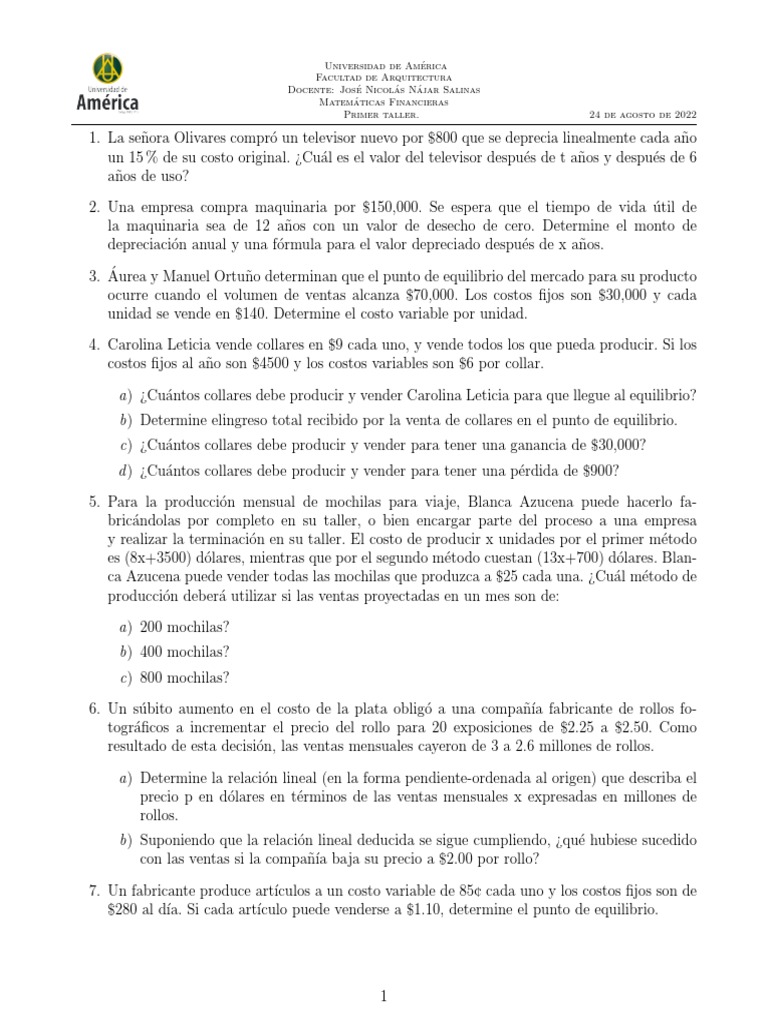 Taller Matem Ticas Financieras | PDF | Interés | Tasas de interés