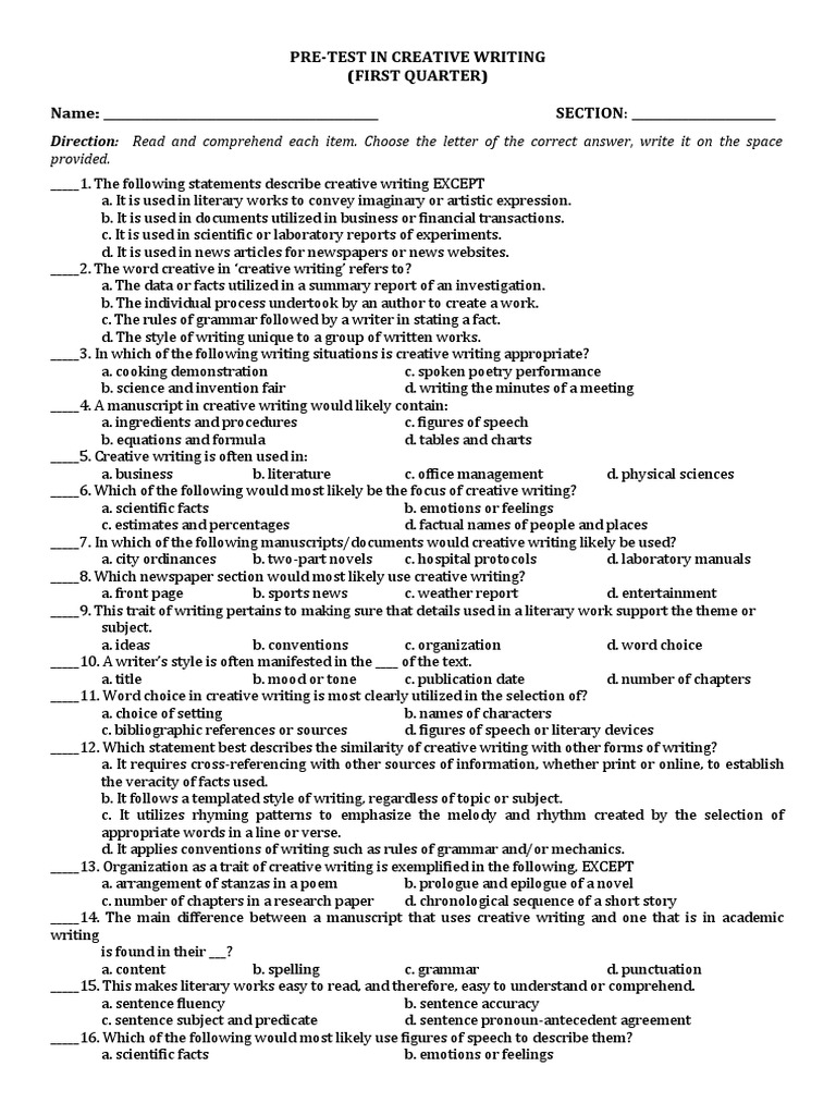Creative Writing Pre-Test Questions | PDF | Poetry | Narrative