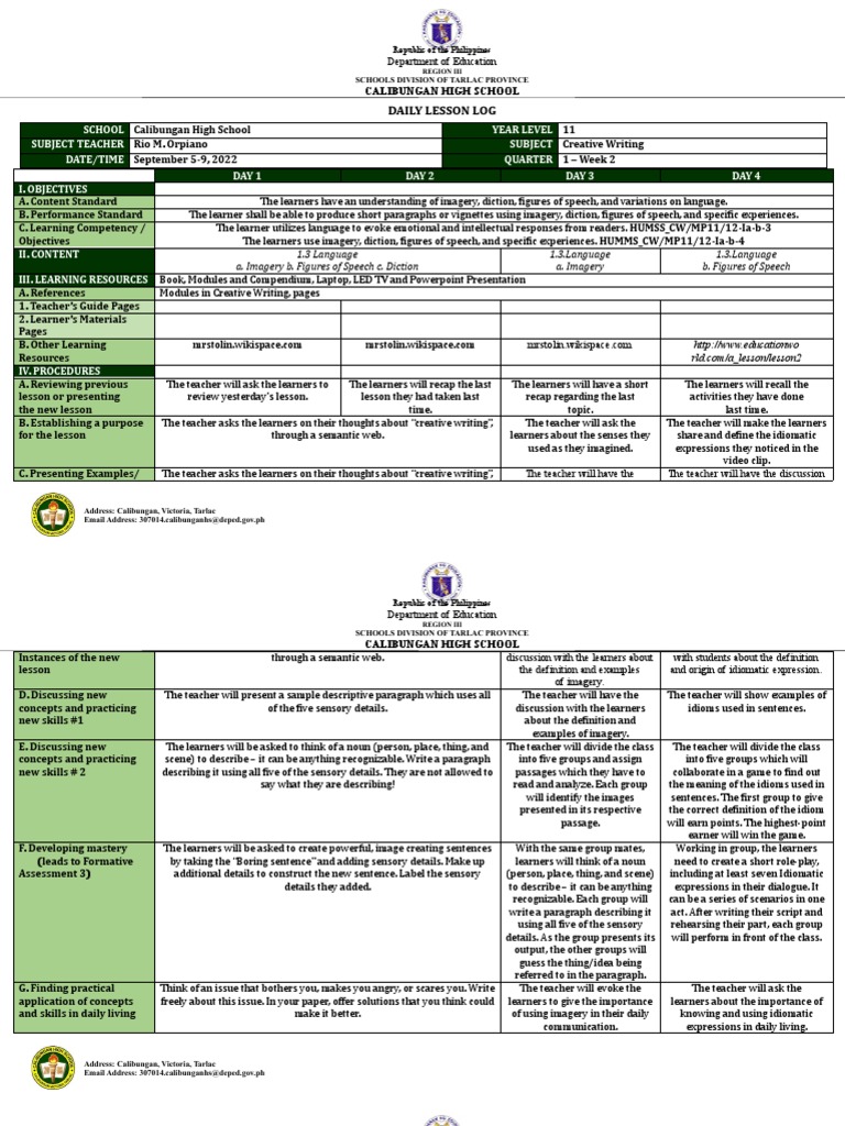 Creative Writing Lesson Plan Week 2 | PDF | Learning | Teachers