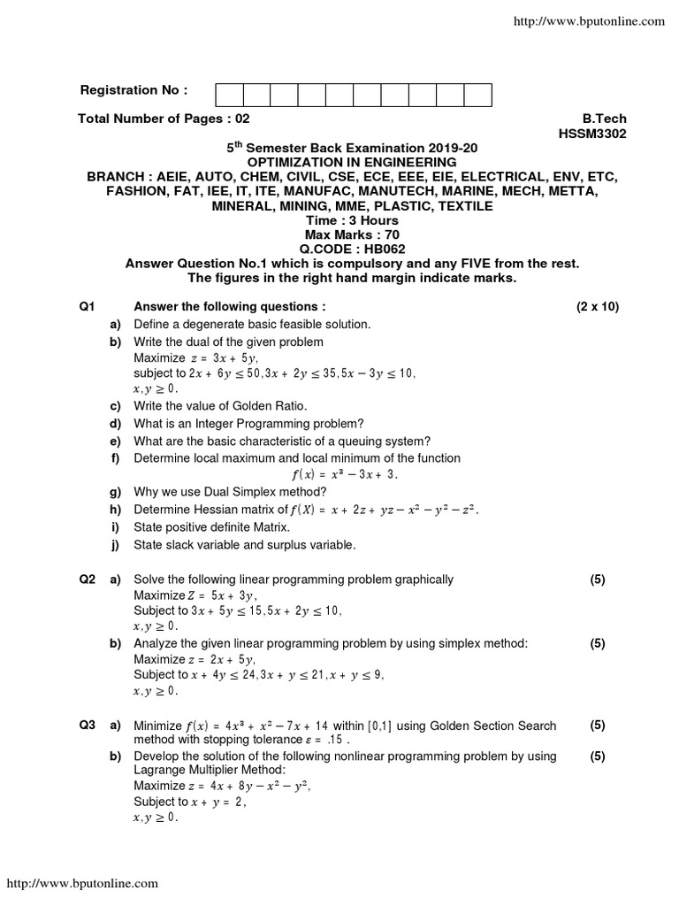 Optimization Techniques in Engineering Exam | PDF | Linear Programming | Mathematical Optimization