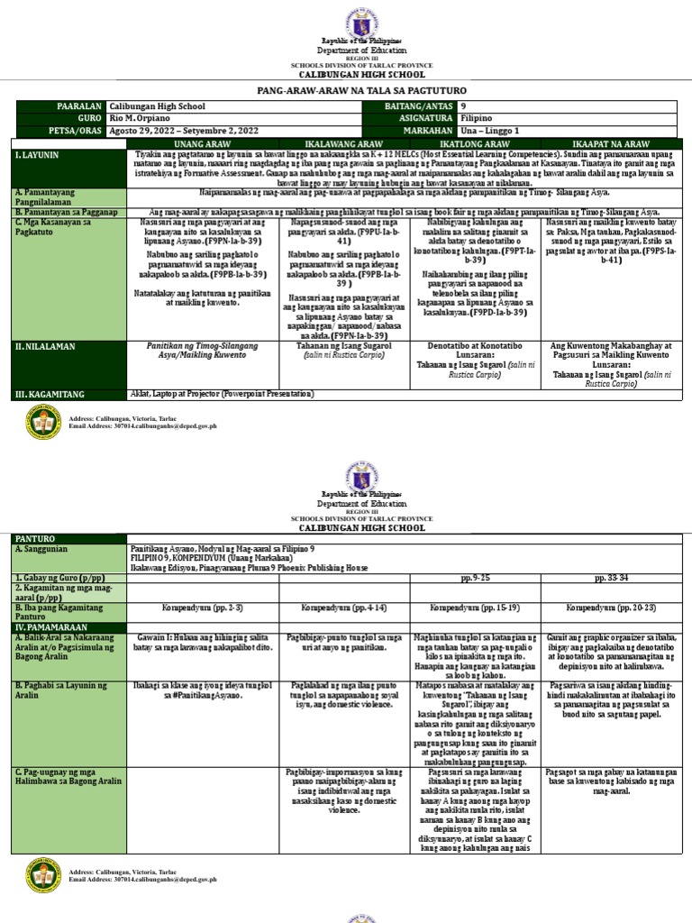 DLL Filipino 9 - Linggo 1 | PDF