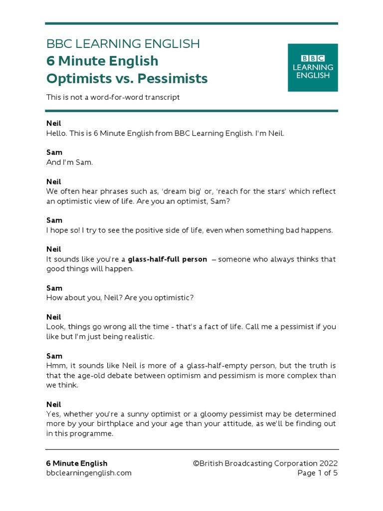 Pessimism vs. Optimism (6-Minute English) | PDF | Optimism | Pessimism