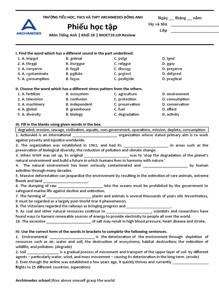 ADAS.2020.K10.PHT - Tieng Anh.23.Unit 9 Review | PDF | Biodiversity | Soil