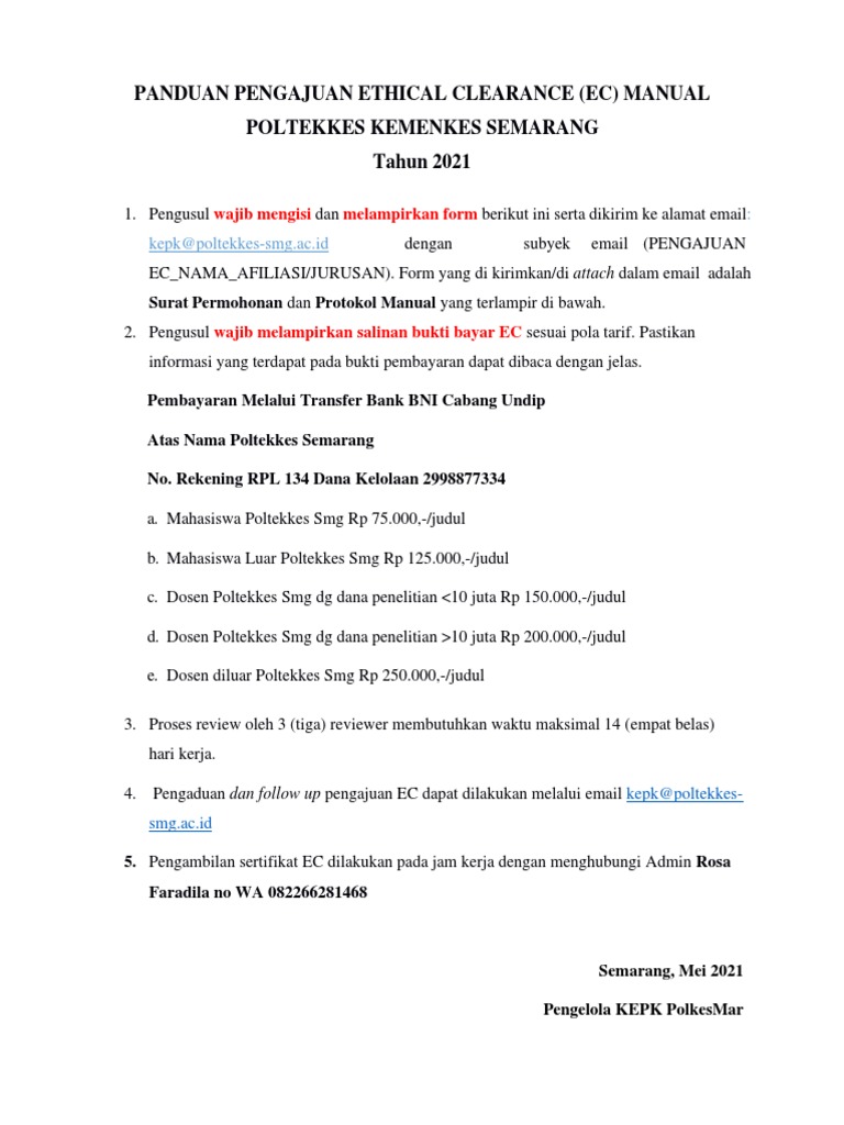 Panduan Pengajuan Ethical Clearance Polkesmar 2021 | PDF