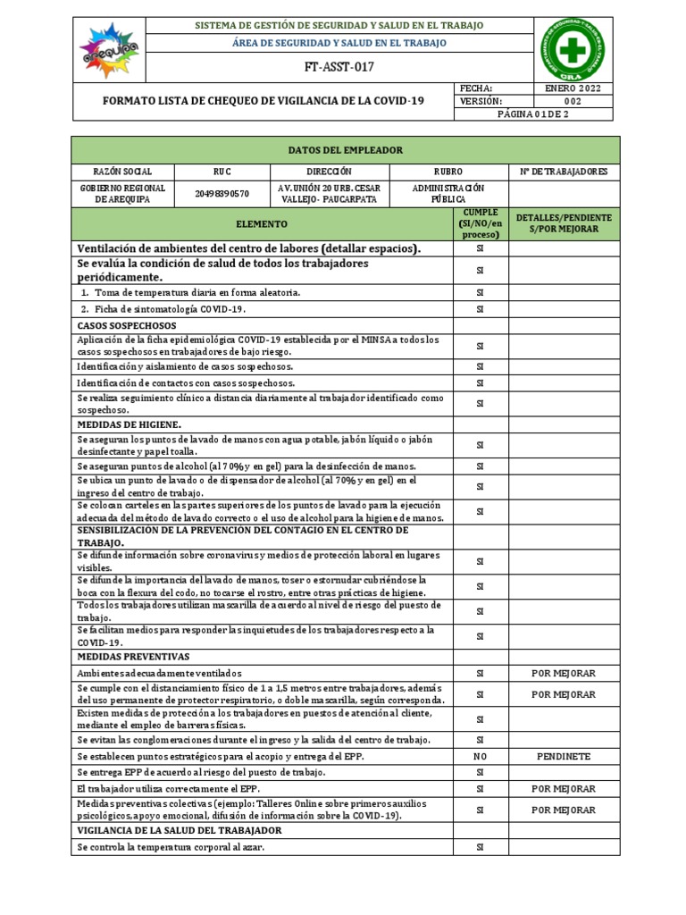 0017 Formato Lista de Chequeo de Vigilancia de La Covid-19 | PDF ...