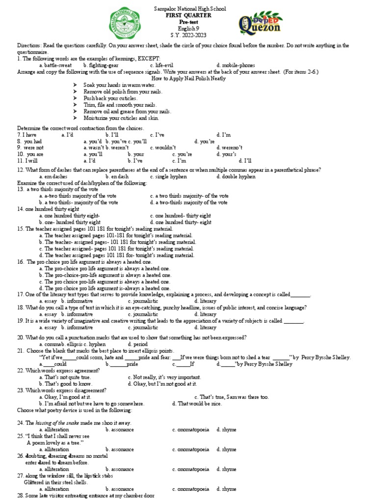 First Quarter Exam in English 9 2019 2020 | PDF | Poetry | Linguistics